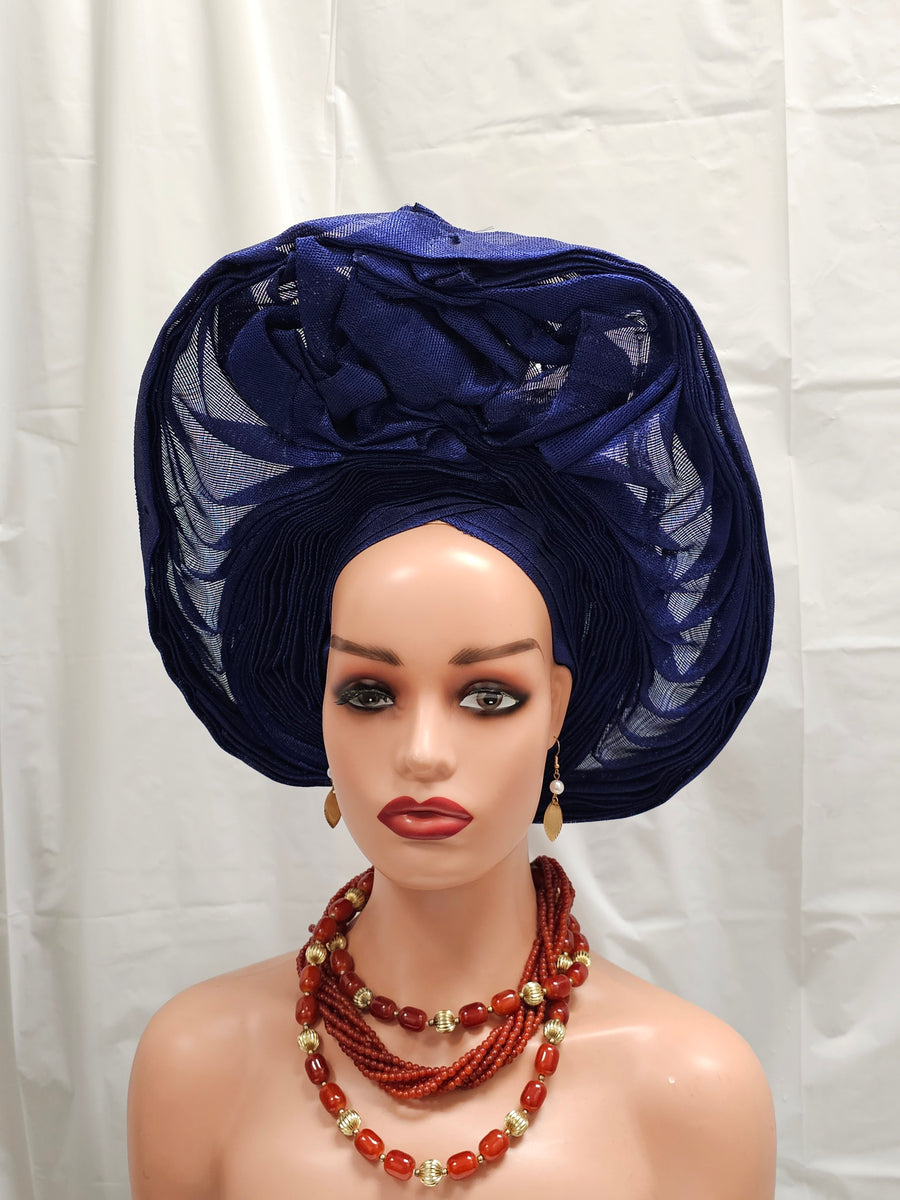 Elegant Royal Blue African Auto Gele Ready-Made Headtie – Ladybee