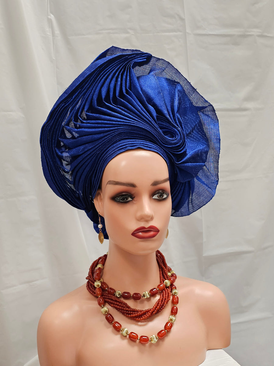 Elegant Royal Blue African Auto Gele Ready-Made Headtie – Ladybee